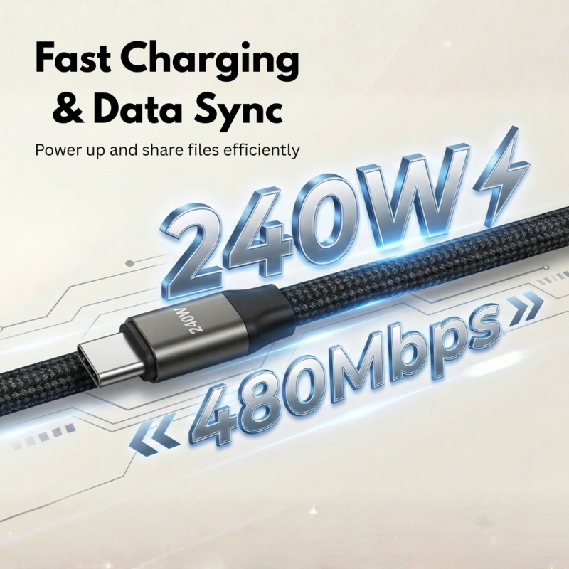 240W USB-C Fast Charging Cable with Foldable Stand - 360° Rotation