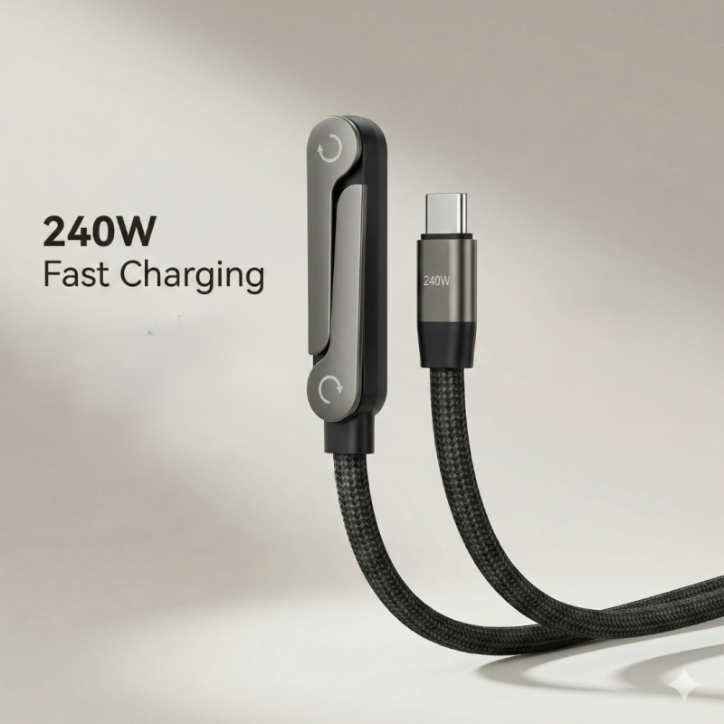 240W USB-C Fast Charging Cable with Foldable Stand - 360° Rotation
